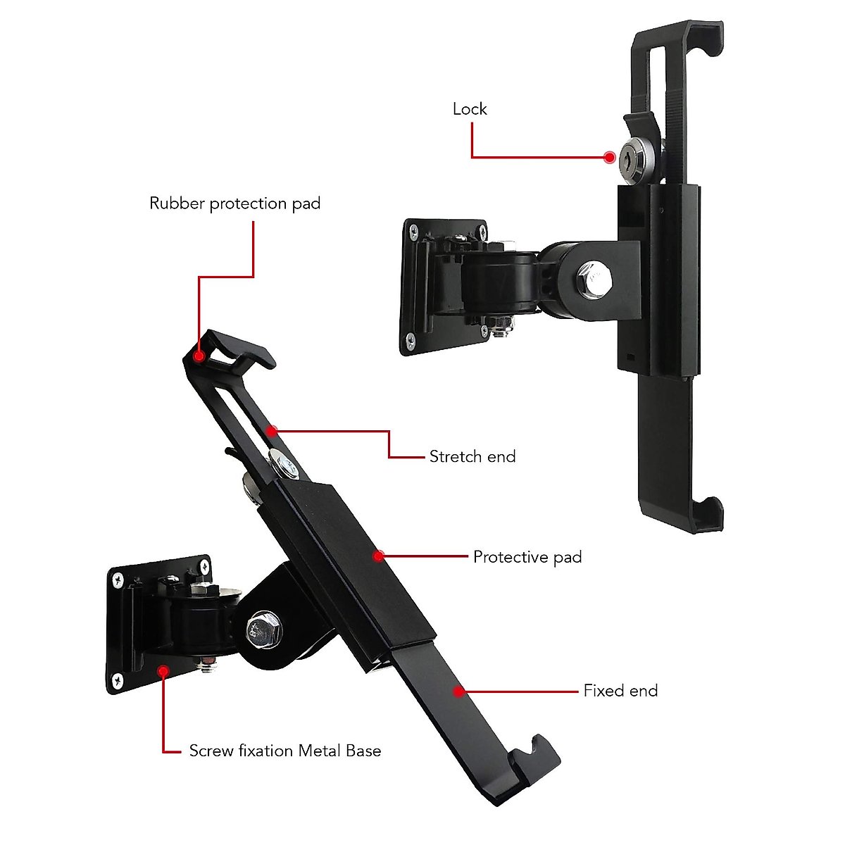 WeSTRUGGLE Tablet Wall Mount Holder with Lock and Key, Rotate Design Arbitrary Adjustment,Multi Angle,Bracket for Most 8 to 10.4 Inch,and for iPad Air &10.2,10.9,Pro 11 Galaxy tab,and More (Black)