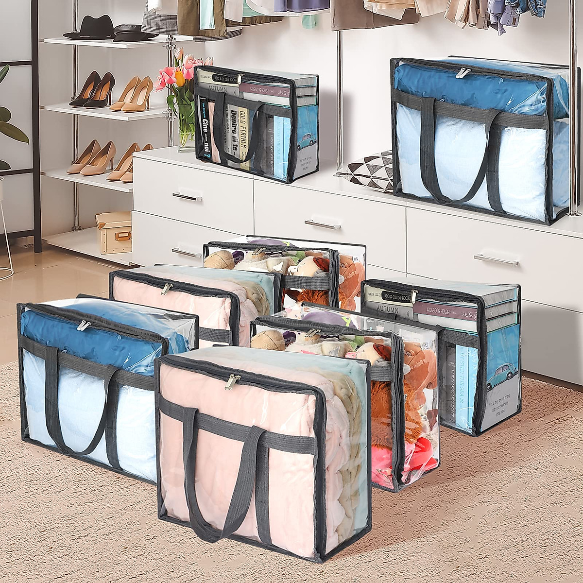 Fixwal 8 Pack Clear Clothes Storage Bags Vinyl Organizers with Sturdy Zippers Reinforced Handle Plastic Moving Totes for BlanketsLinen Bedding Duvet Transparent Space Saver Containers