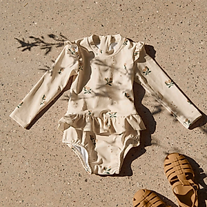 LDIOIF Toddler Girls Long Sleeve Swimsuit Zipper Rash Guard One Piece Bathing Suit UPF50 Pink Cherry Sunsuit w/Ruffle 18-24M