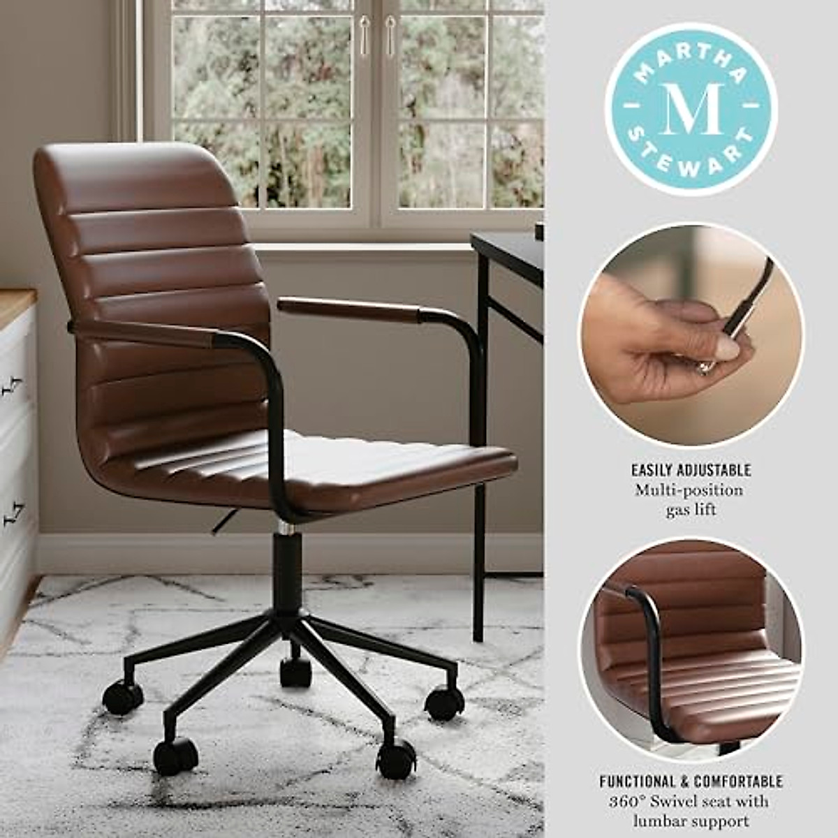 Martha Stewart Taytum Swivel Task Chair with Armrests for Home Office in Saddle Brown Faux Leather with Oil Rubbed Bronze Frame