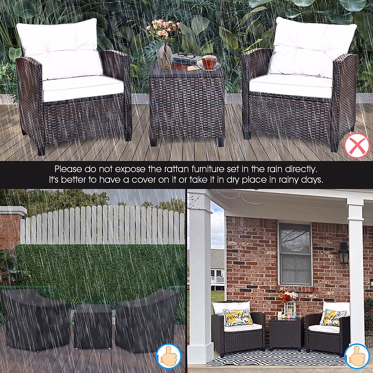 DORTALA 3 Pieces Patio Furniture Set, Outdoor Wicker Rattan Conversation Sofa Set with Cushion, Tempered Glass Top Table for Backyard Porch Garden Poolside Balcony, Navy