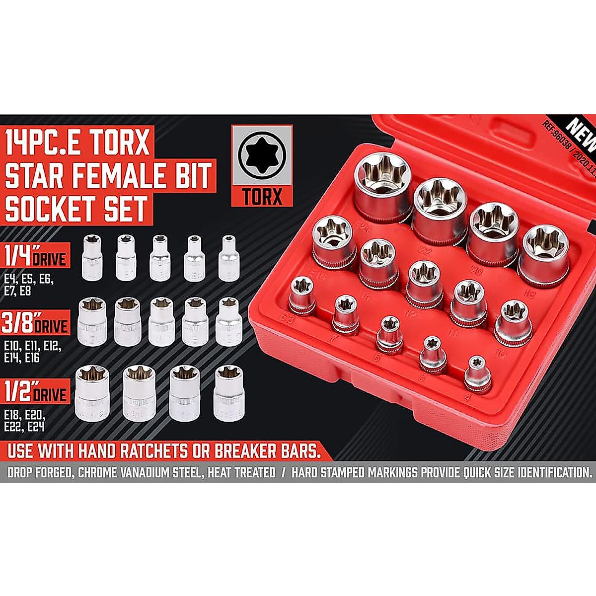 SEDY 14-Piece E-TORX Socket Set - Premium Female Torx Socket Set, Ultimate Star Socket Set, Torque Socket Set, External Torx Socket Set, E4 E5 E6 E7 E8 E10 E11 E12 E14 E16 E18 E20 E22 E24 Socket Set