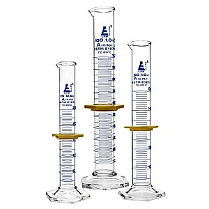 EISCO Premium Graduated Cylinder Set - 25mL, 50mL & 100mL - ASTM, Class A - Protective Collars, Hexagonal Base - Blue Graduations - Borosilicate 3.3 Glass