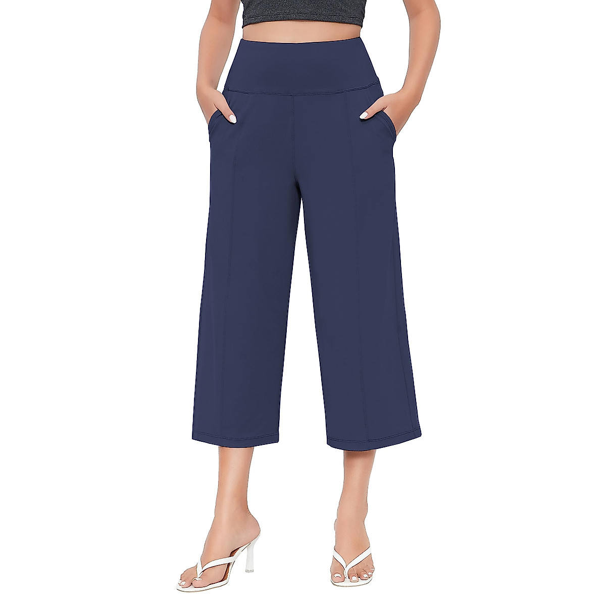 BUBBLELIME Women's Bootleg Yoga Capris Pants High Waist Workout Flare Crop with Pockets - DARKNAVY_Medium