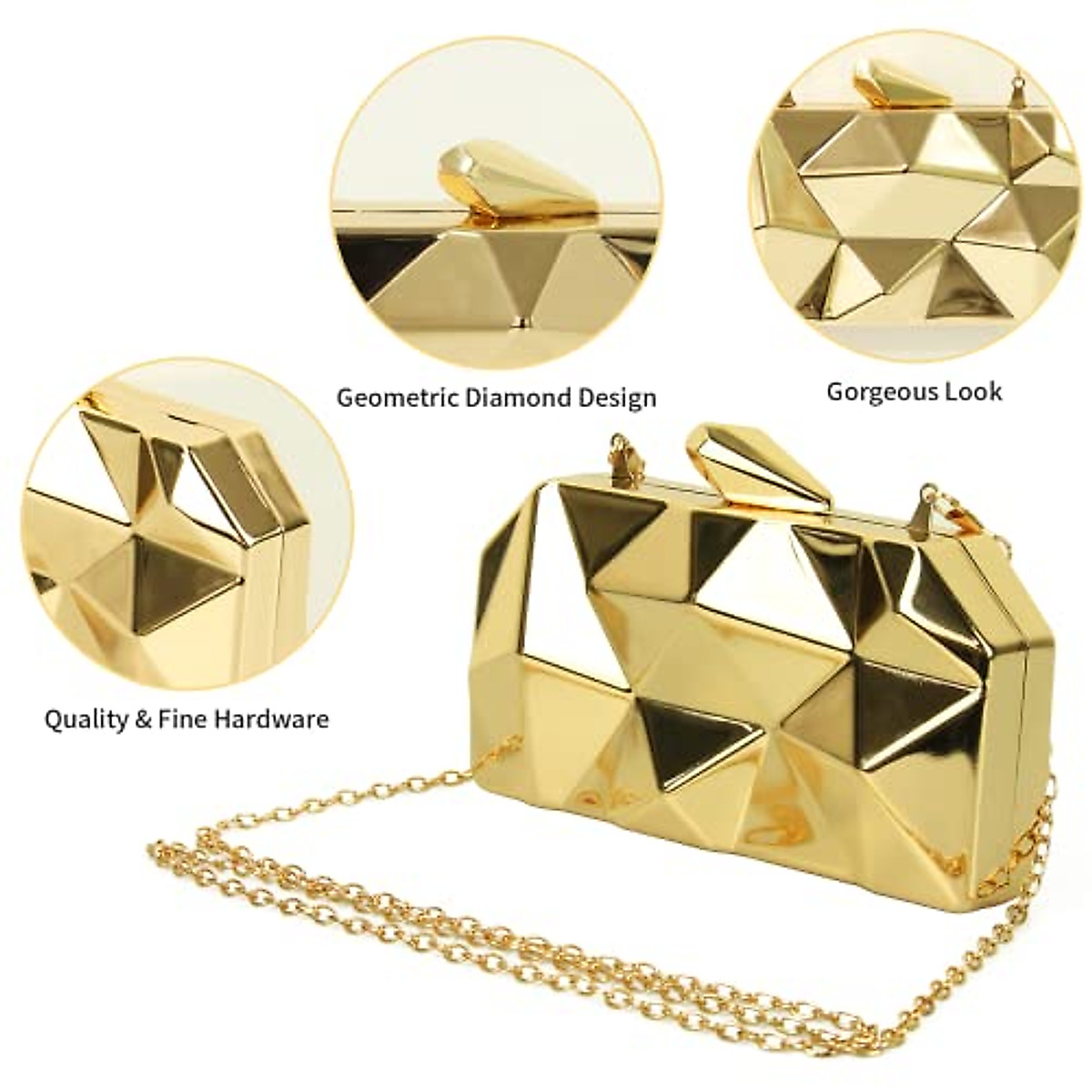 AmoVee Clutch with Chain Strap, Clutch Purses for Women Wedding，Evening Handbag for Party, Prom and Formal Occasion (Shiny Gold)