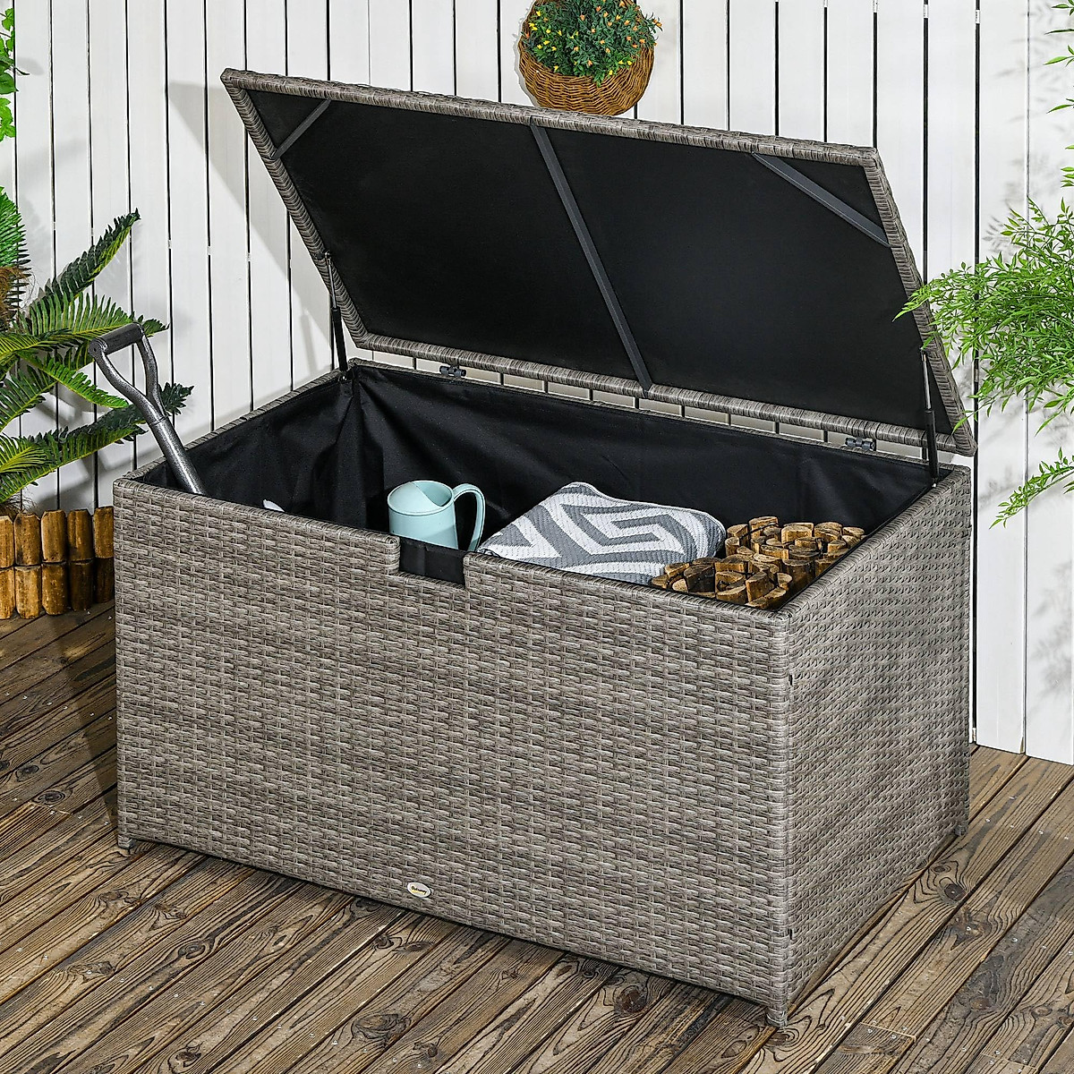 Outsunny 113 Gallon Deck Box, Rattan Outdoor Storage Box, Waterproof Storage Container for Indoor, Patio Furniture Cushions, Pool Supplies, Garden Tools, Gray