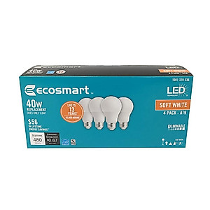 EcoSmart A19 A460ST-Q1D-01 40W Equivalent Dimmable LED Light Bulb, Soft White, (Pack of 4)