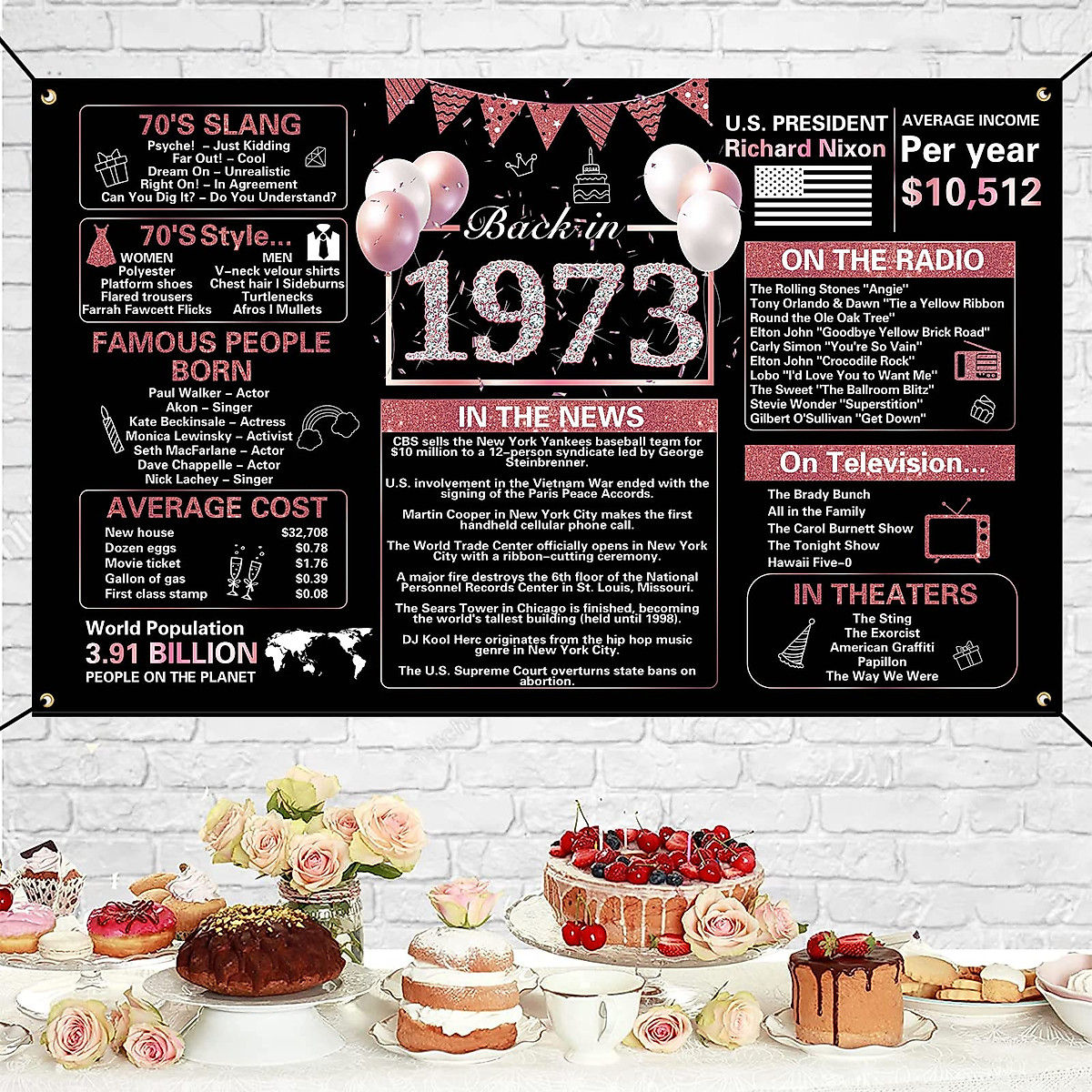 Crenics Rose Gold 50th Birthday Decorations for Women, Vintage Back in 1973 Birthday Backdrop Banner, Large 50 Years Old Birthday Anniversary Poster Photo Background Party Supplies, 5.9 x 3.6 Ft