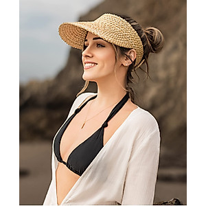 Visors for Women, Straw Sun Visors for Women Beach Hats for Women Packable Sun Hat Womens Visor Handmade Straw Hats for Women Beige