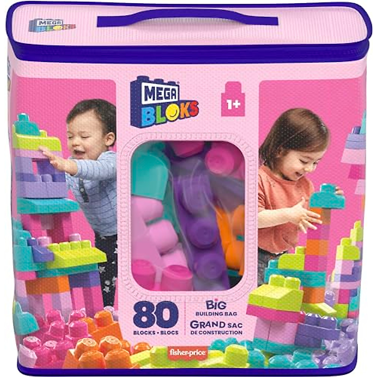 MEGA BLOKS Fisher-Price Toddler Block Toys, Big Building Bag with 80 Pieces and Storage Bag, Pink, Gift Ideas for Kids Age 1+ Years