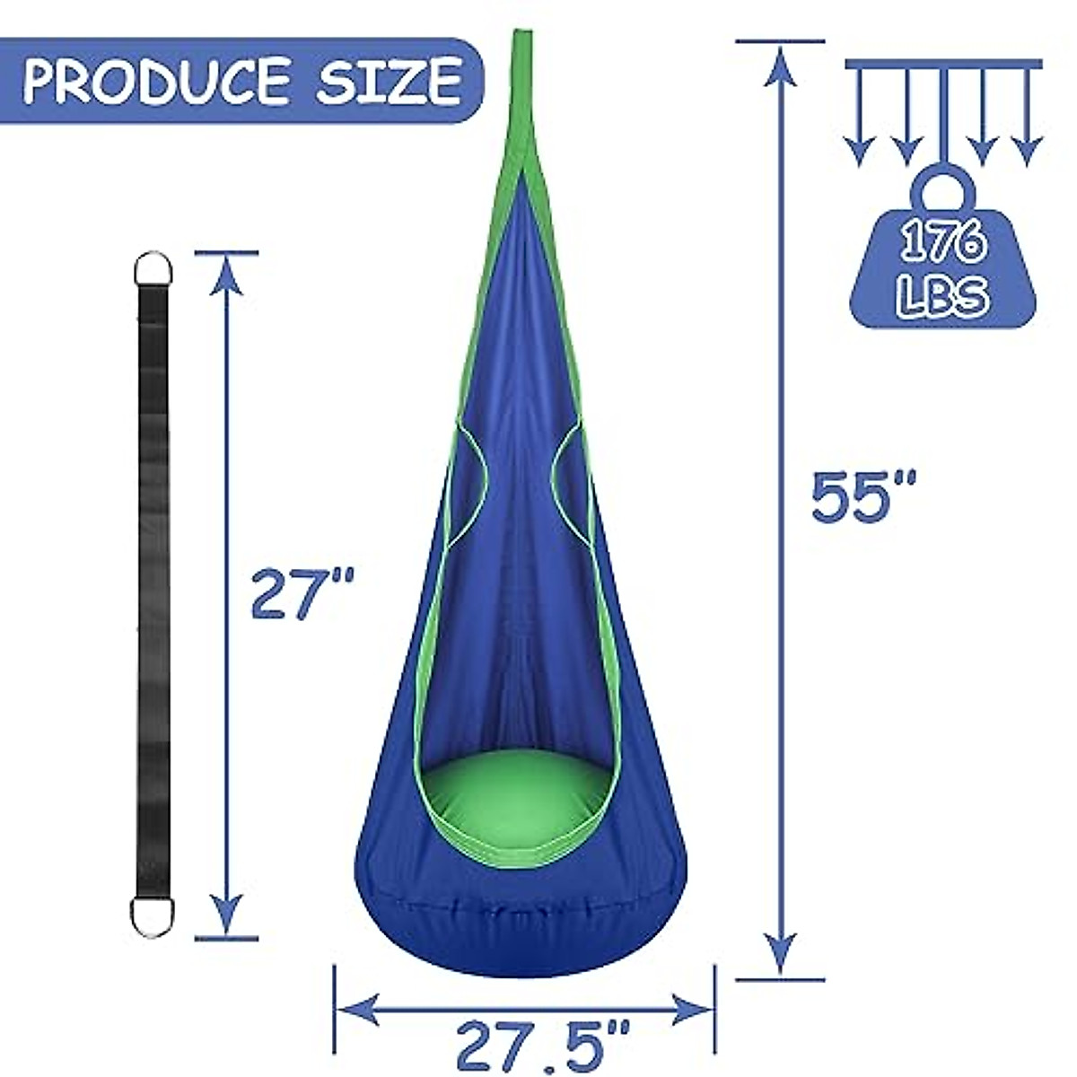 Highwild Kids Pod Swing Seat Child Hanging Hammock Chair with Inflatable Pillow - Sensory Swing Chair with Pocket and Handles - for Any Indoor or Outdoor Spaces - Max 176 Lbs (Blue and Green)