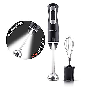 Gourmia GHB2360 12 Speed Illuminating Immersion Hand Blender with Turbo Mode - Comfortable Ergonomic Handle - Whisk Attachment Included - Integrated LED Spotlight - 300 Watt Motor - Black