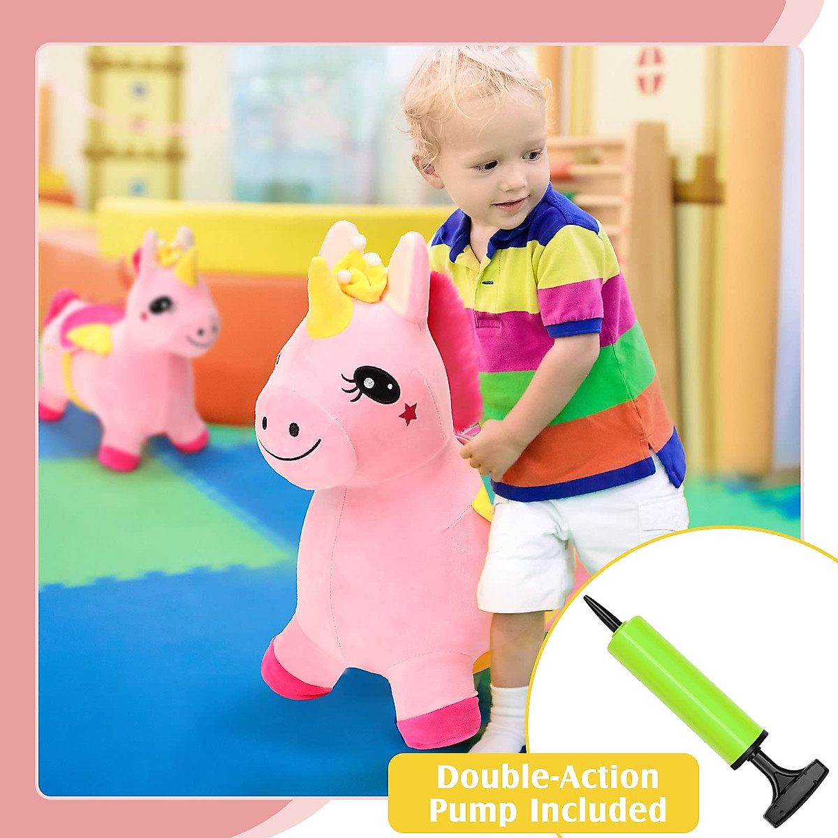 Bouncy Christmas Pink Unicorn Bouncer, Toddler Girl Bouncing Animal Hopper, Inflatable Plush Hopping Toy for Baby First Birthday Gift 36 Month 3 4 Year Old Kid