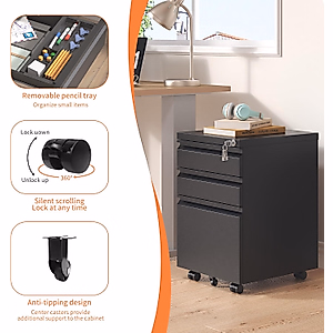Guizeeopo Filing Cabinets for Home Office, Mobile File Cabinet with Lock, 3 Drawer Filing Cabinet for A4/Letter/Legal Size Folder, Fully Assembled Except Casters, Matte Black