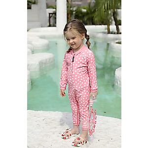 weVSwe Baby Toddler Sun Protection Rash Guard One Piece Pink Heart Girls Swimsuit Crotch Zipper for Easy Diaper Changes Newborn