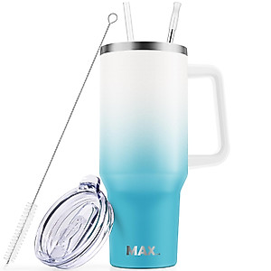 MaxBase 40 Oz Tumbler with Handle and Straw Lid, Insulated Reusable Stainless Steel Travel Mug Keeps Drinks Cold up to 34 Hours, 100% Leakproof Bottle (WhiteBlue)