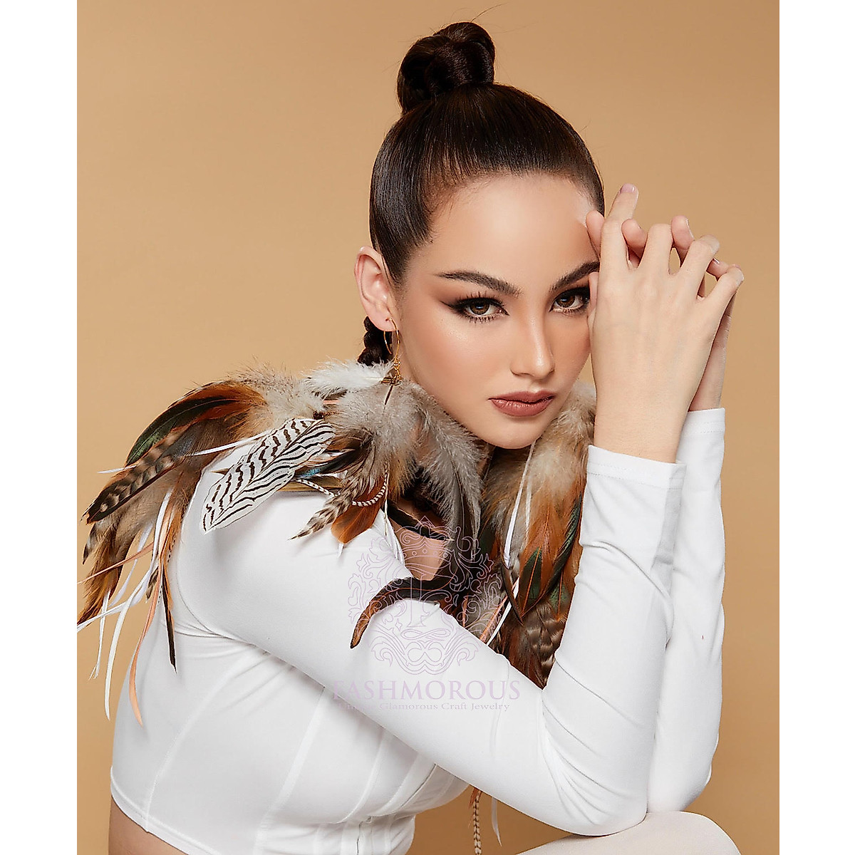 Fashmorous Long Feather Earrings for Women Boho Natural Brown Long Feather Earrings for Women Dangle