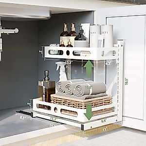 NETEL Under Sink Organizer,Pull Out Sliding Cabinet Basket Organizer 2 Tier Under Bathroom Storage Rack, Multi-Use for, Height Adjustable, With PP Frosted Pad, With strong double-sided adhesive, White