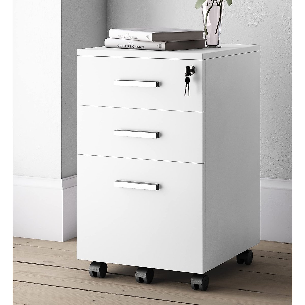 Lazio 26 Inch File Cabinet with Lock - Filing Cabinet for Home and Office - 3 Drawer File Cabinet with Wheels for A4 Sized Letters/Documents, Legal Sized Documents, Hanging File Folders - White/White