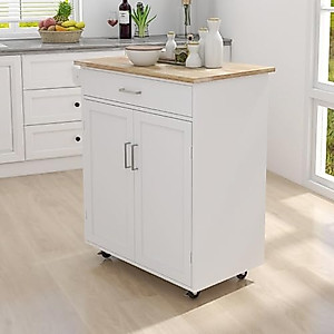 32.87 in. W Rubberwood Kitchen Island On 4 Wheels with Adjustable Shelves and Towel Rack White Modern Contemporary MDF Natural Finish Rack