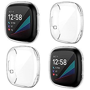 NANW 4-Pack Screen Protector Case Compatible with Fitbit Sense/Versa 3, Soft TPU Plated Bumper Full Cover Protective Cases for Sense Smartwatch [Scratch-Proof]