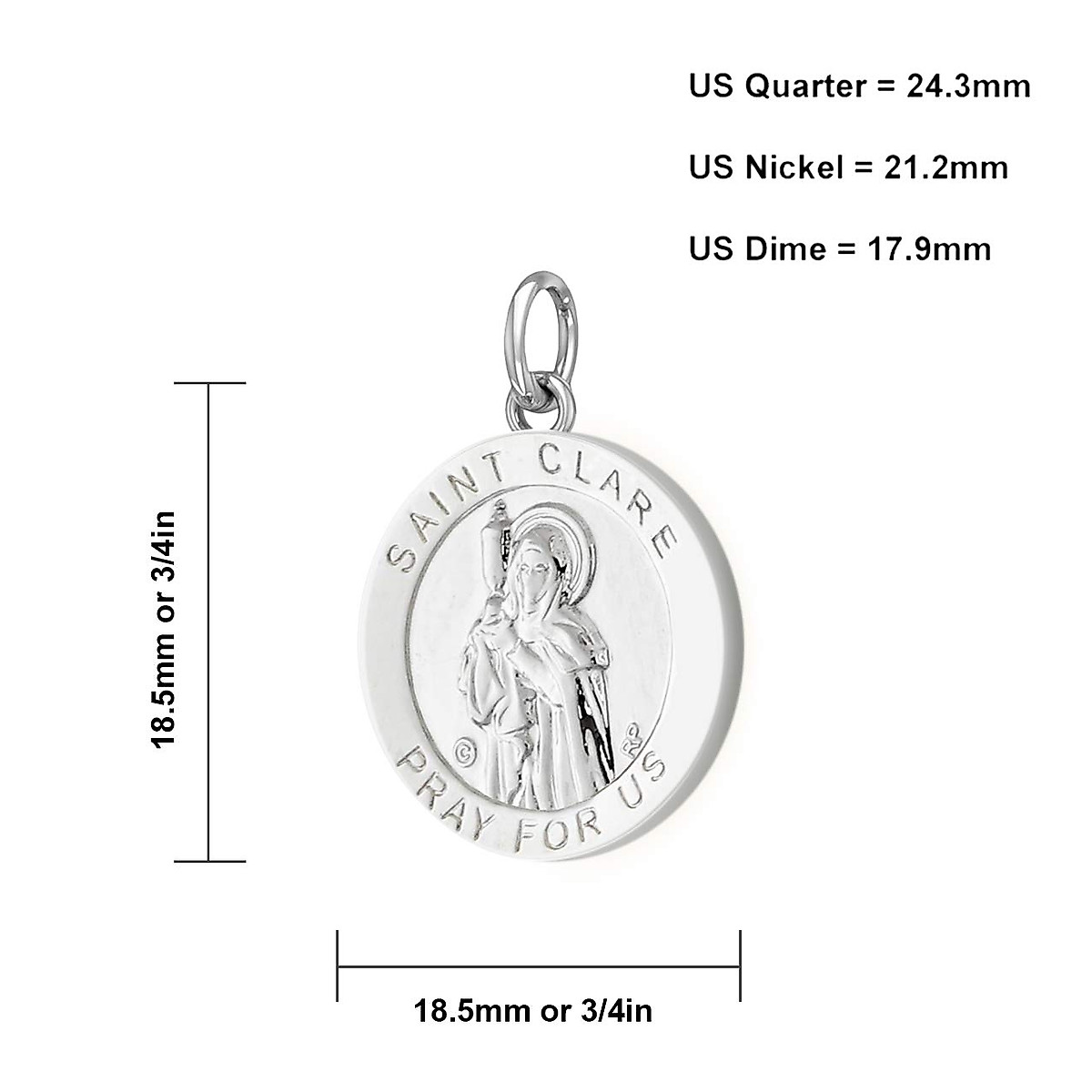 US Jewels 3/4in 925 Sterling Silver Polished Finish Saint St Clare Medal Pendant Necklace