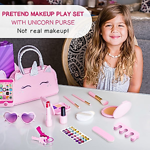 Pretend Play Makeup Kit for Little Girls with Unicorn Purse : Fake (Not Real) Make up Toy Set for Toddler and Kids - Includes Phone with Sounds, Princess Birthday Gift Set for Ages 3 4 5 6 7 8 Years