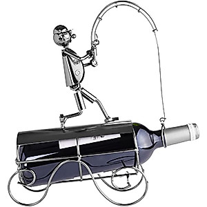 BRUBAKER Wine Bottle Holder 'Fisherman Catching Fish' - Table Top Metal Sculpture - with Greeting Card