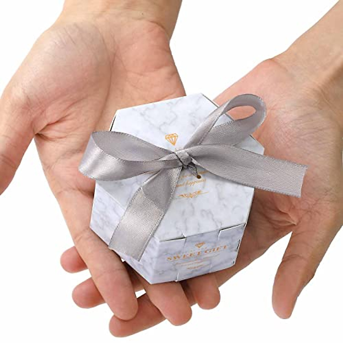 Okllen 100 Pcs Hexagonal Candy Boxes 3.2"Lx 2.7"Wx1.8"H, Wedding Birthday Party Favor Gift Boxes with Ribbons, Marble Pattern Treat Goodie Bags for Party Decoration, Baby Shower, Bridal Shower, Celebration