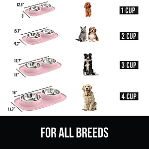 Gorilla Grip 100% Waterproof BPA Free Cat and Dog Bowls Silicone Feeding Mat Set, Stainless Steel Bowl Slip Resistant Raised Edges, Catch Water, Food Mess, No Spills, Pet Accessories, 2 Cup, Pink