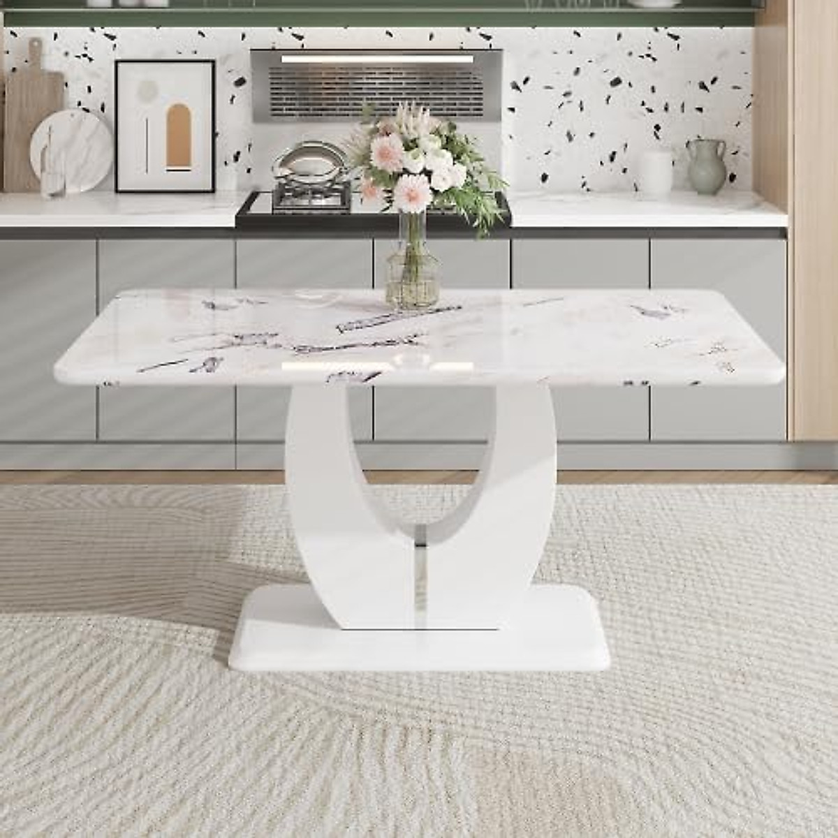 Goujxcy Modern White Marble Dining Table for 4 6 8, Kitchen Dining Room Table with White Marble Tabletop and Large U-Shape Pedestal Base Dinner Table for Dining Room (White9)