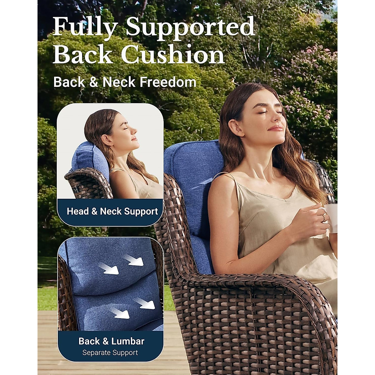 HILLGA Luxury High Back Outdoor Swivel Rocker Patio Chairs Set of 2, with 6-Inch Thick Cushions and Side Table, Ideal for Porch, Poolside, Deck, and Yard in Blue (PRO Version 2.0)