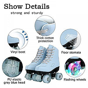 Roller Skates for Women, Shiny High-top PU Leather Roller Skates, Four Wheels Pure Sky-Blue Roller Skates for Girls Beginner Indoor Outdoor (41)