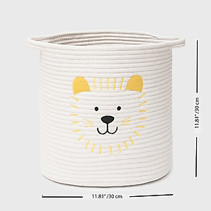 NADEnVIE Animal Laundry Basket For Nursery, Foldable Toy Storage Basket Tiger Design, Natural Handmade Basket With Handle For Home Decor, Nontoxic Cotton Rope Woven Safe for Children and Pet (White)