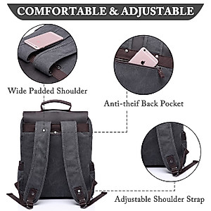 VASCHY Leather Laptop Backpack, Casual Canvas Campus School Rucksack with 15.6 inch Laptop Compartment