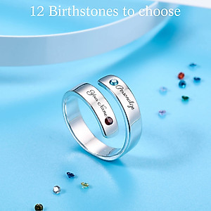 OTXIXTO Personalized 925 Sterling Silver Spiral Twist Rings for Women Customized Name Rings with Birthstone Spiral Wrap Ring Adjustable Open Spiral Wrap Twisted Rings Jewelry for Mom Wife Girlfriend
