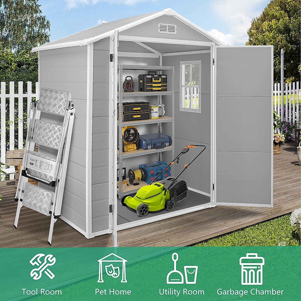 Seizeen 6x4.4FT Outdoor Resin Shed with Reinforced Floor, All-Weather Plastic Shed with Lockable Door, Window & Vents, Garden Tool Sheds & Outdoor Storage Clearance for Garden Patio Lawn (Gray)