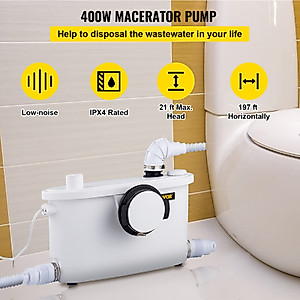 VEVOR Macerator Pump 400W, 4 Inlets for Basement, Kitchen, Toilet, Sink, Shower, Bathtub Waste Water Disposal Upflush Machine, Elevation up to 21ft, White