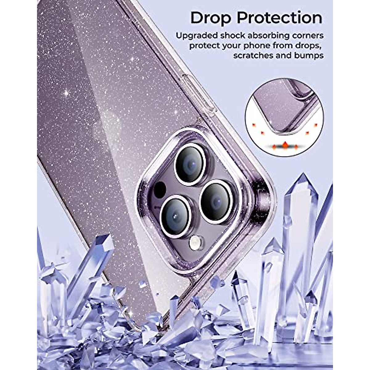 BENKS Designed for iPhone 14 Pro Max Case for Women Girls, Crystal Glitter Shockproof & Anti-Scratch Full Protection [Not Yellowing] Back Cover for iPhone 14 Pro Max (6.7”)