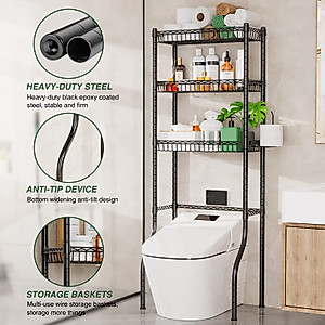 LEHOM Bathroom Organizer Over The Toilet Storage, 3-Tier Bathroom Shelves Over Toilet Shelf Above Toilet Storage Rack Freestanding Bathroom Space Saver with Adjustable Shelves and Baskets, Black