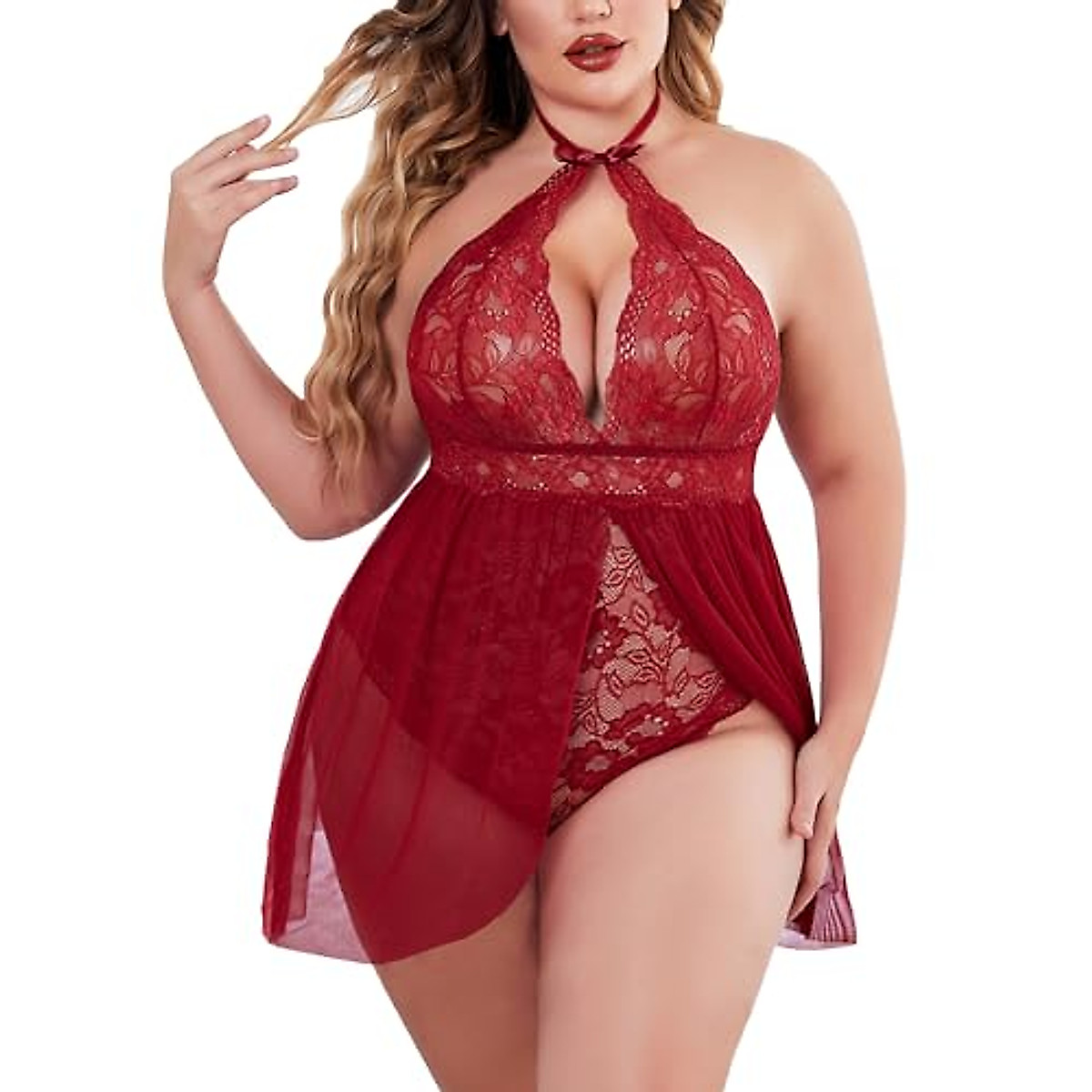 Avidlove Plus Size Lingerie for Valentines Women Lace Babydoll Chemise Nightgown Mesh Nightwear Side Slit Nightie L~4XL (Wine Red, XXX-Large)