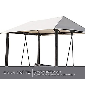 Grand Patio Outdoor Porch Swing 3-Seat with Canopy, Removable Olefin Cushion for Garden, Backyard, Poolside, Weather Resistant Woodgrain Finish Steel, Beige