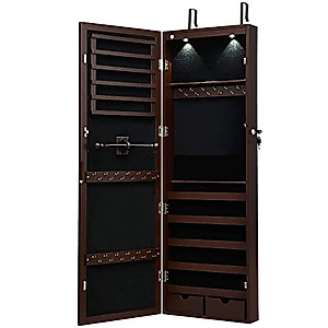 Giantex Wall/Door Mounted Jewelry Armoire Organizer with 2 LED Lights, Lockable Height Adjustable Jewelry Cabinet with Full Length Mirror, Large Capacity Dressing Makeup Jewelry Mirror Storage (Brown)