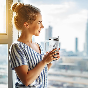 Personalized 30 oz Travel Mug - Elaborate Circle Monogram - White Custom Engraved Cup with Handle Vacuum Insulated Tumbler Birthday Gift for Women, Men, Beer and Drinks