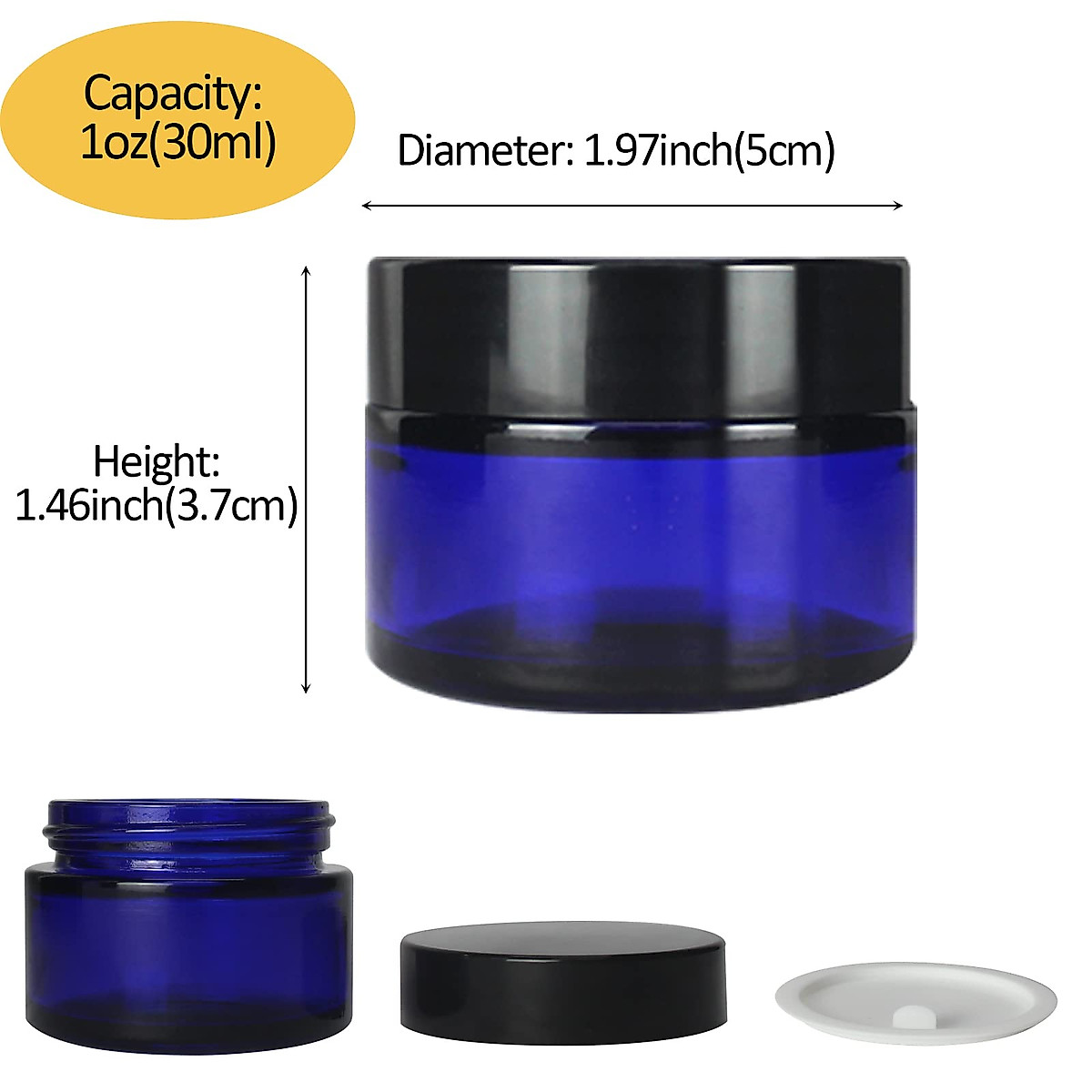 BPFY 24 Pack 1 oz Round Blue Glass Cosmetic Jars with Inner Liners and Black Lids, Travel Glass Jars, Cosmetic Containers for Lip Balms, Powders, Makeup, Cream, Eyeshadow, Slime, Paint
