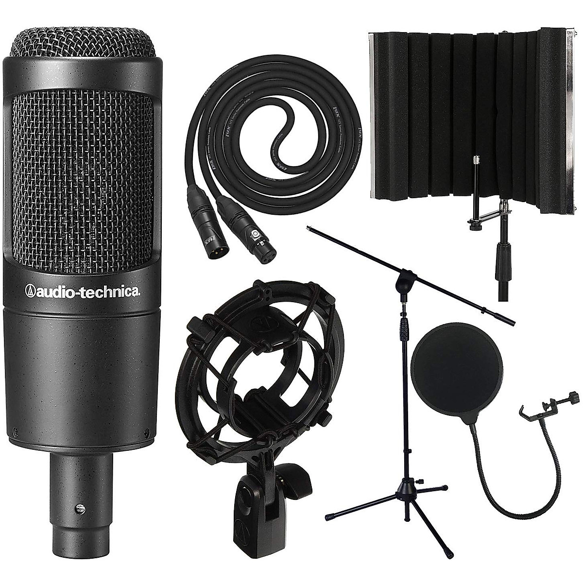 Audio-Technica AT2035 Cardioid Condenser Microphone with XLR Cable, Audio-Technica AT8458 Shockmount, Isolation Shield