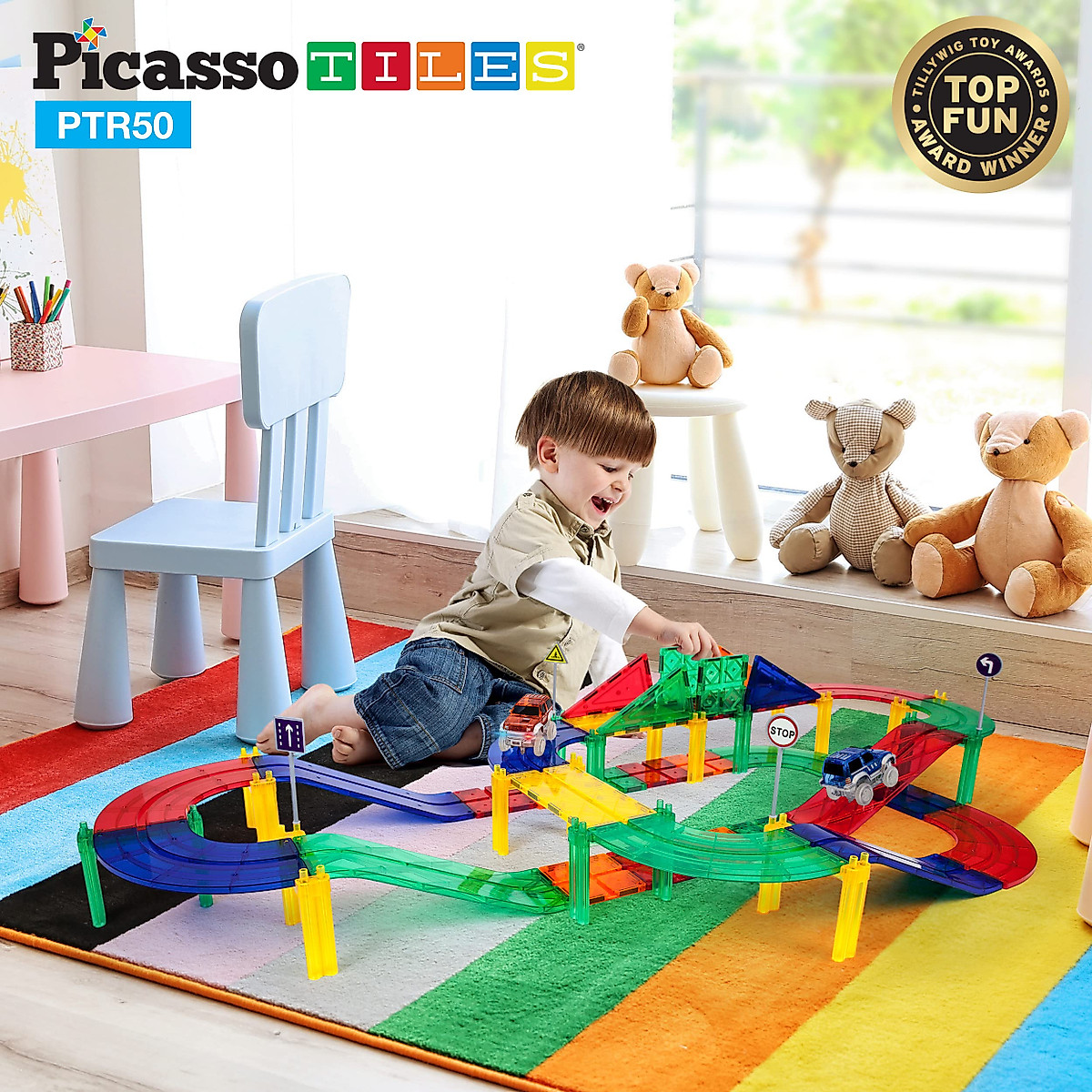 PicassoTiles 50 Piece Race Car Track + Ideabook with Over 150+ Ideas, Magnet DIY Playset 2 Light Up Car STEM Learning Kit Hand-Eye Coordination Fine Motor Skill Training, Unique Innovative Creations