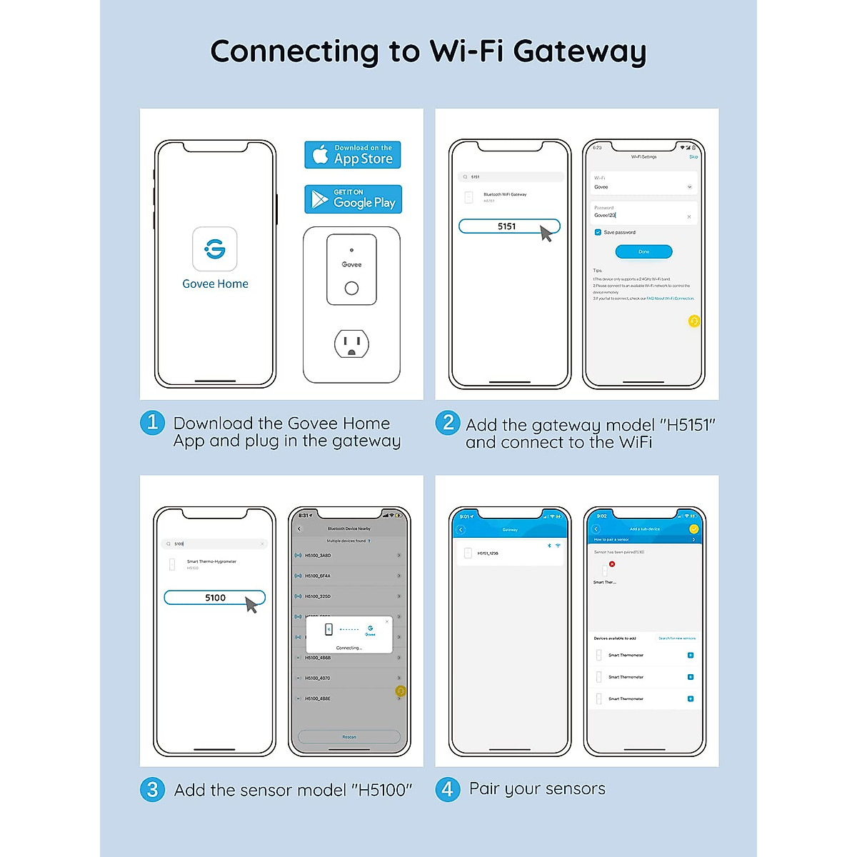 Govee 6 Pack H5100 Mini Hygrometer Thermometer Bundle with Govee New WiFi Digital Hygrometer Thermometer, Indoor Outdoor Smart Gateway Room Temperature Humidity Sensor
