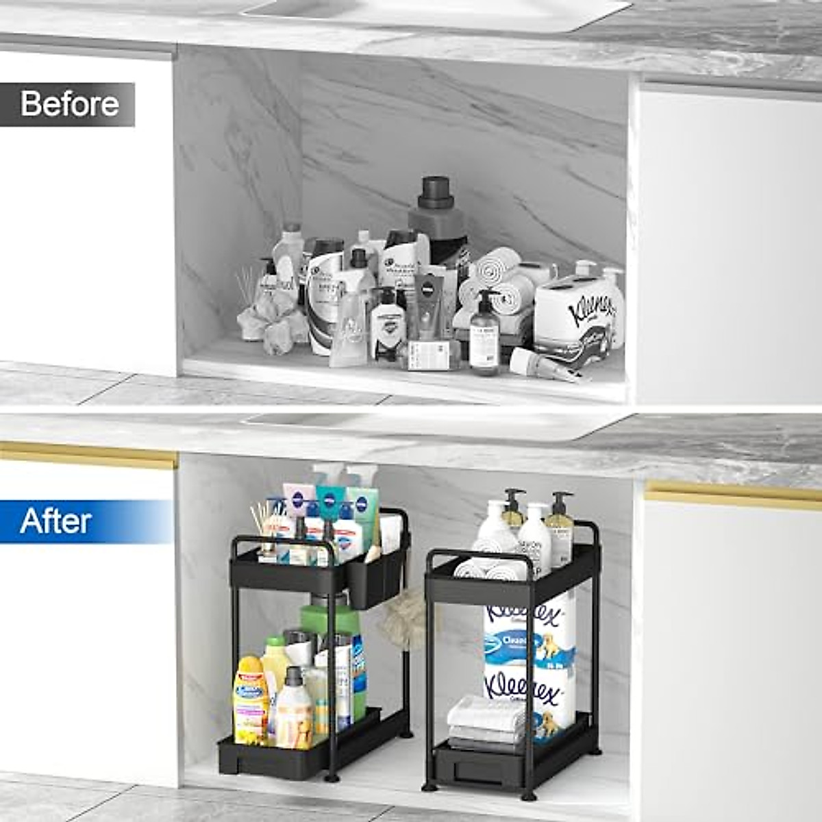 Panta Under Sink Organizer 2 Pack, 2-Tier Sliding Cabinet Organizers and Storage with Hooks, Large Capacity Pull-out Under Sink Shelf, Multi-Use Under Sink Storage for Bathroom and Kitchen