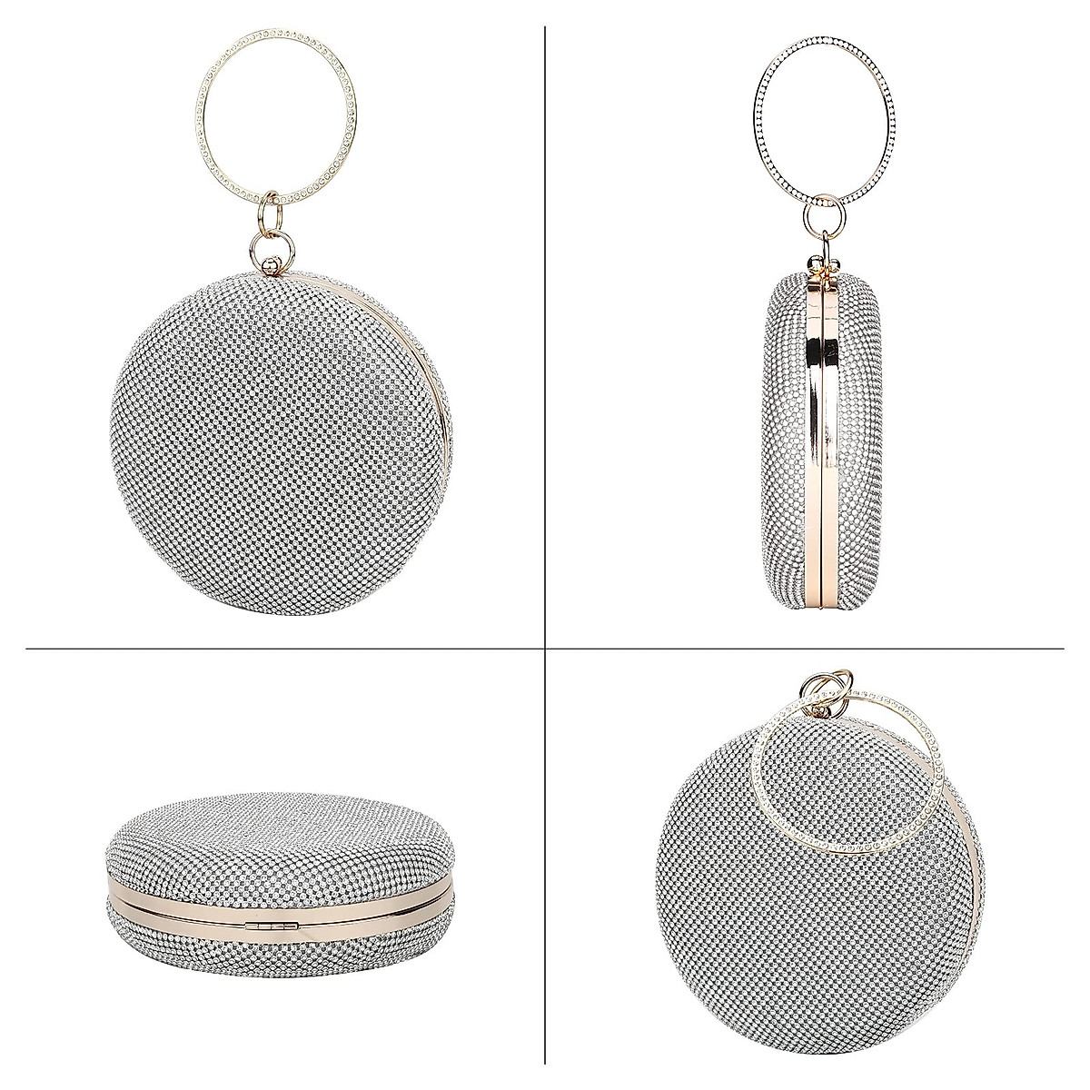 UBORSE Round Rhinestones Clutch Purse for Women Formal Evening Bag Sparkly Wedding Bridal Clutch Purse Prom Party Handbag Silver